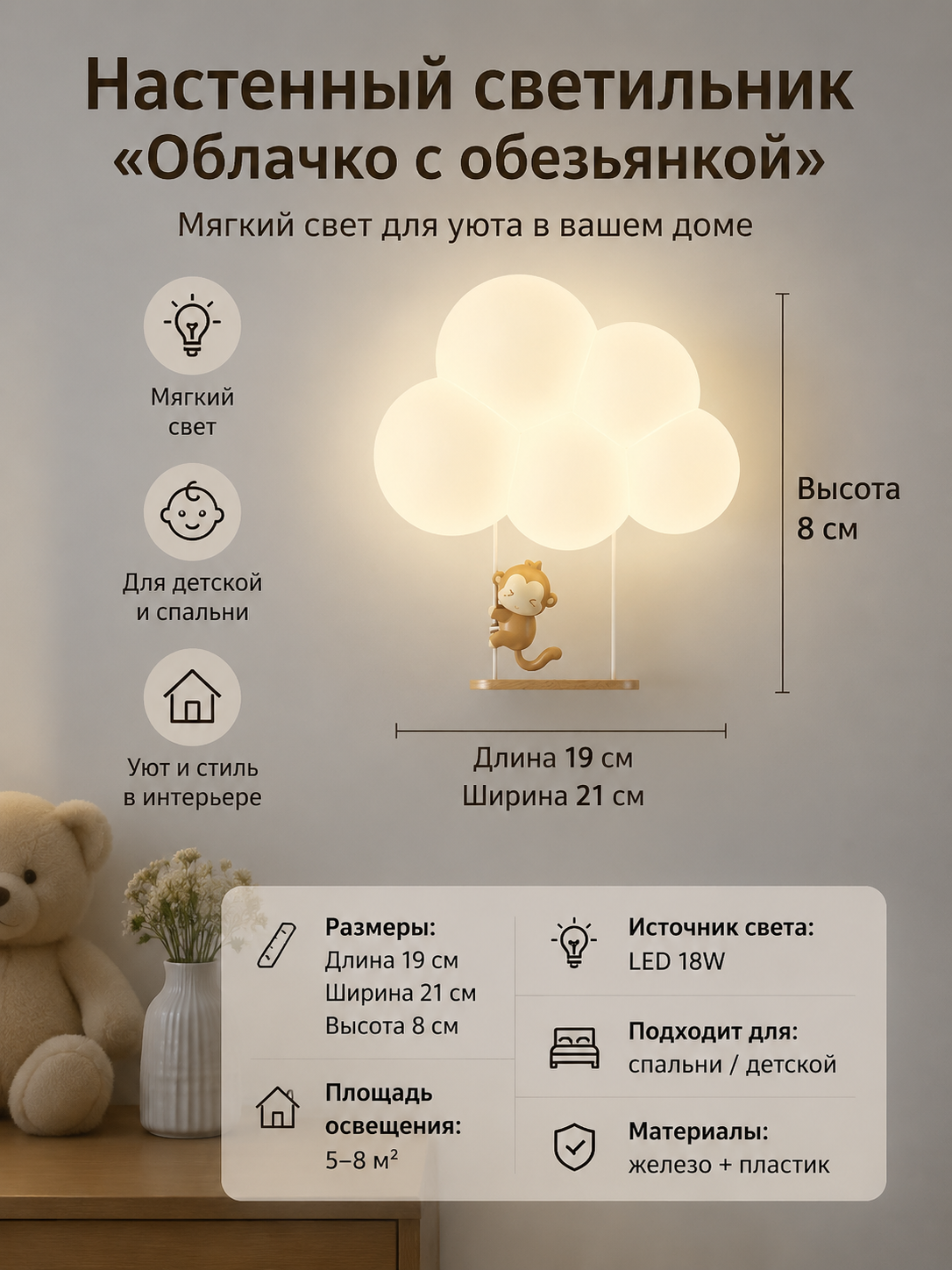 Бра настенное в спальню у кровати, нежный светильник с плавной регулировкой, полный спектр для гостиной и детской 2026