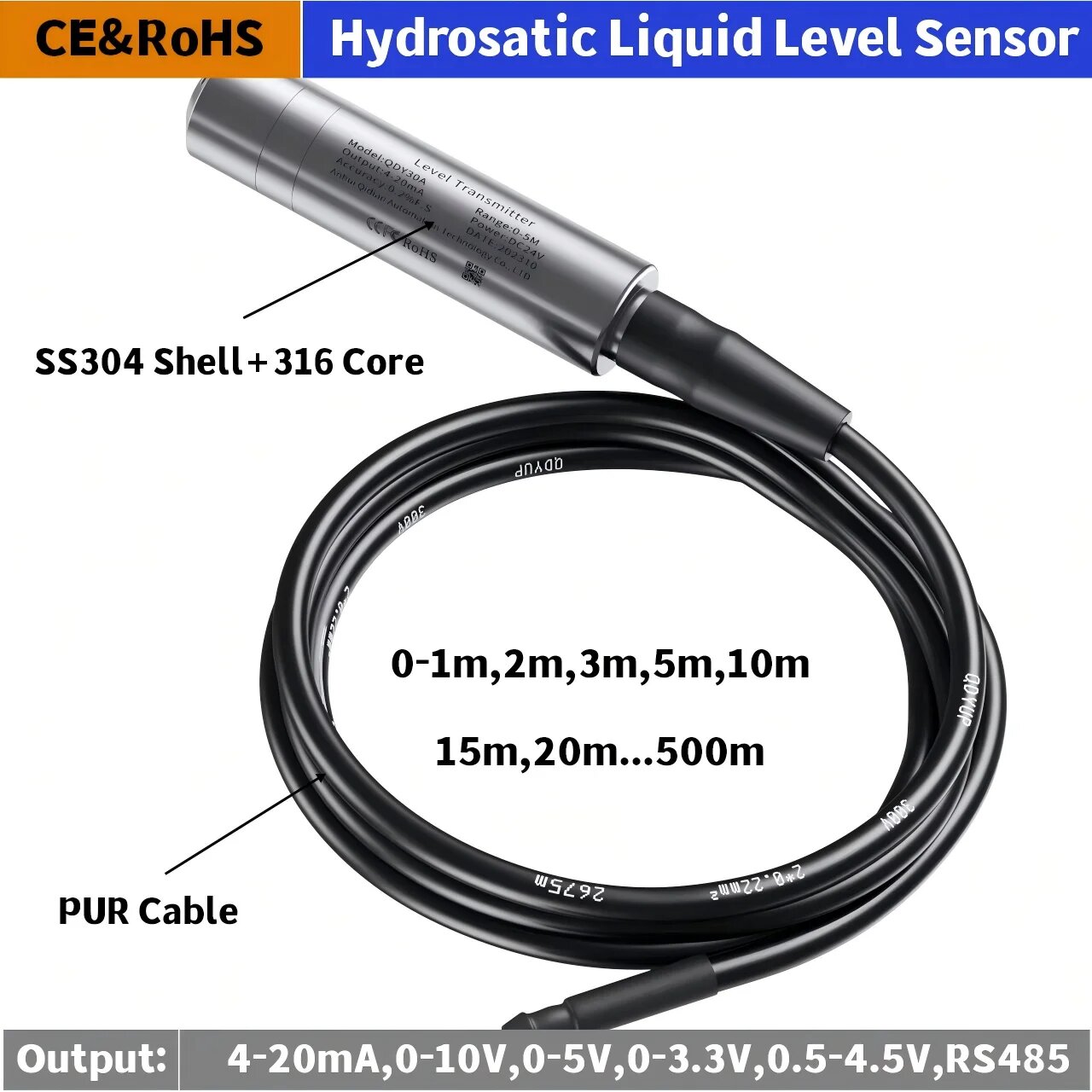 Датчик уровня жидкости Qidian 0-15м RS485 4-20мА 6m Range 6m Cable, 4-20mA output