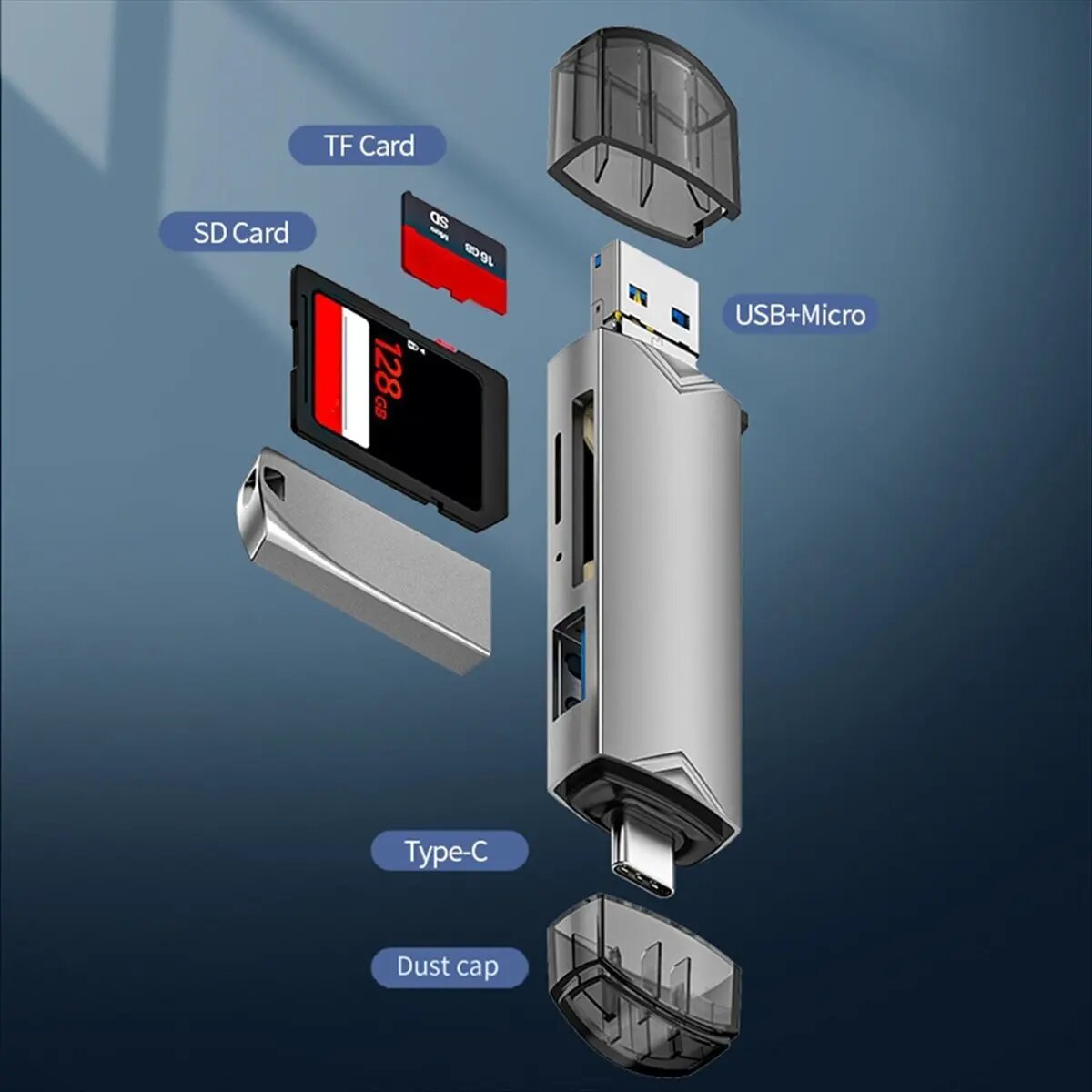 Картридер 6 в 1 USB/Type-C/Micro серого цвета