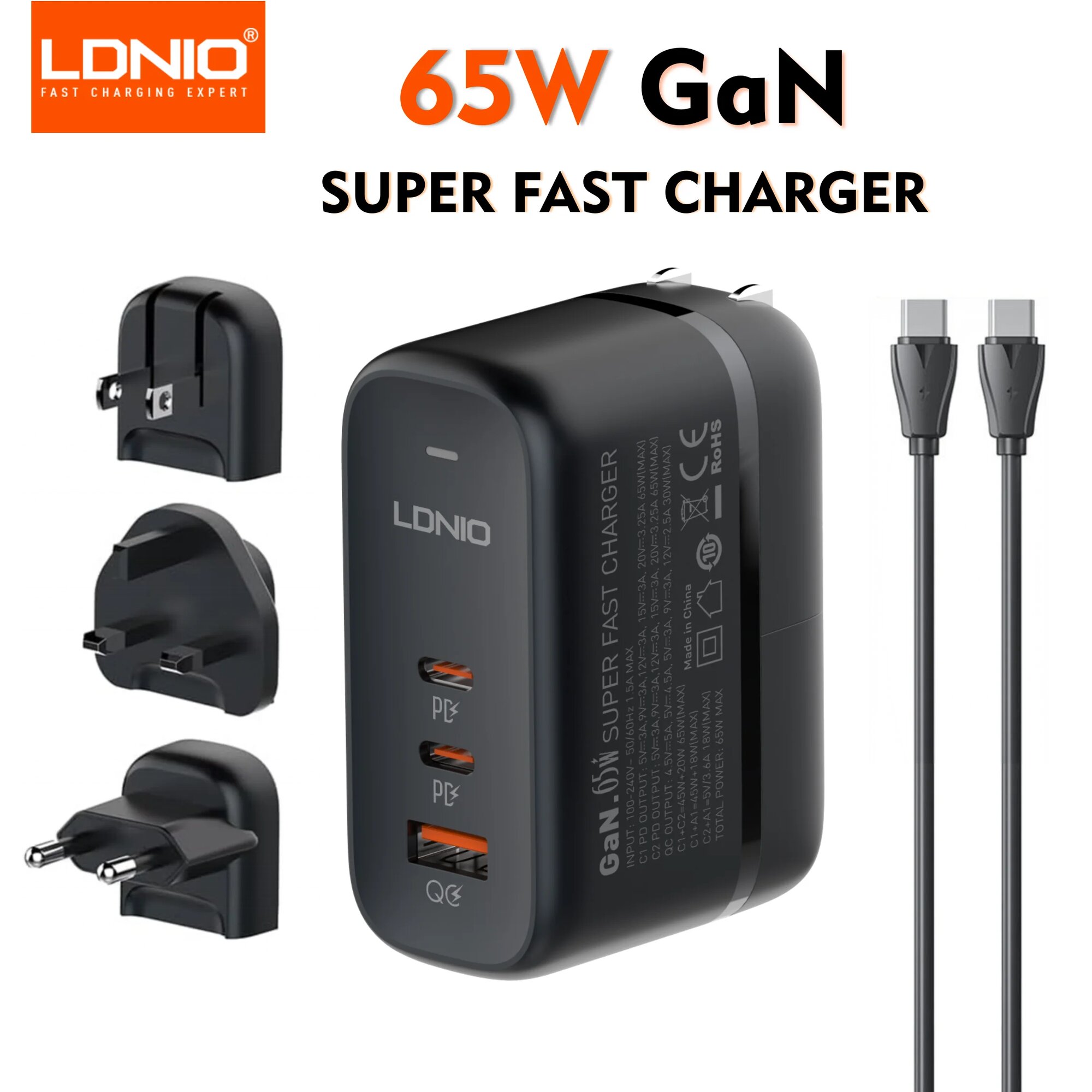 LDNIO 65W GaN зарядное устройство с 3 plug и кабелем