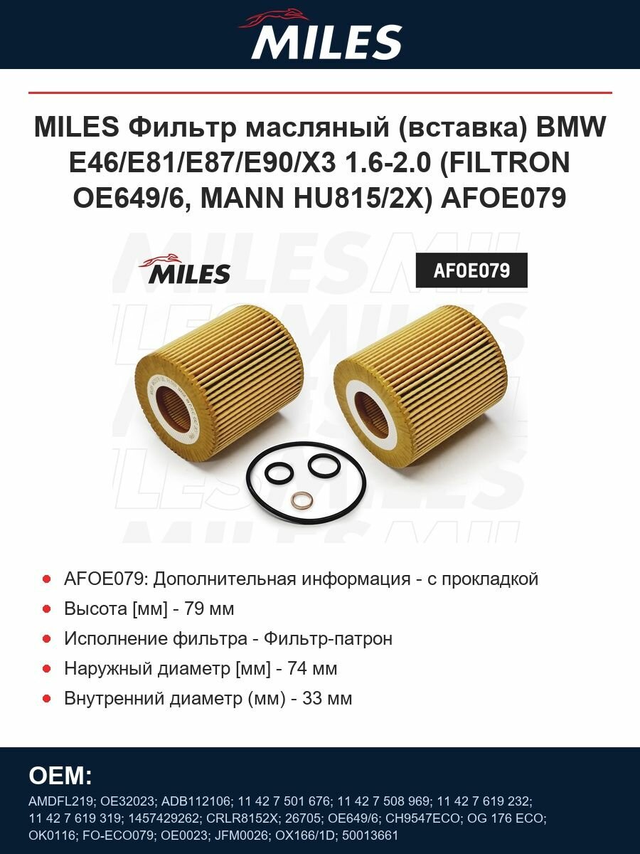 MILES Фильтр масляный (вставка) BMW E46/E81/E87/E90/X3 1.6-2.0 (FILTRON OE649/6, MANN HU815/2X) AFOE079