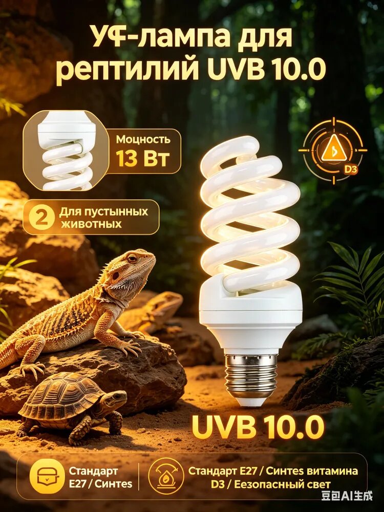 Ультрафиолетовая лампа для рептилий UVB 10.0, 13 Вт - УФ-лампа E27 для черепах, агам и ящериц, лампочка для террариума и синтеза витамина D3.