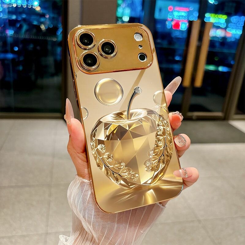 IPhone 16 Pro Max Позолоченный стеклянный чехол с золотым яблоком и пузырьками, стильный дизайн
