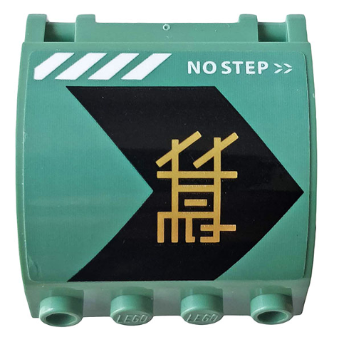 Panel 3 x 4 x 3 Curved with Double Clip Hinge with 'NO STEP', White Stripes, and Gold Ninjago Logogram 'LLOYD' on Black Chevron Pattern Model Left Side (Sticker) - Set 70612, 18910pb003L Sand Green U