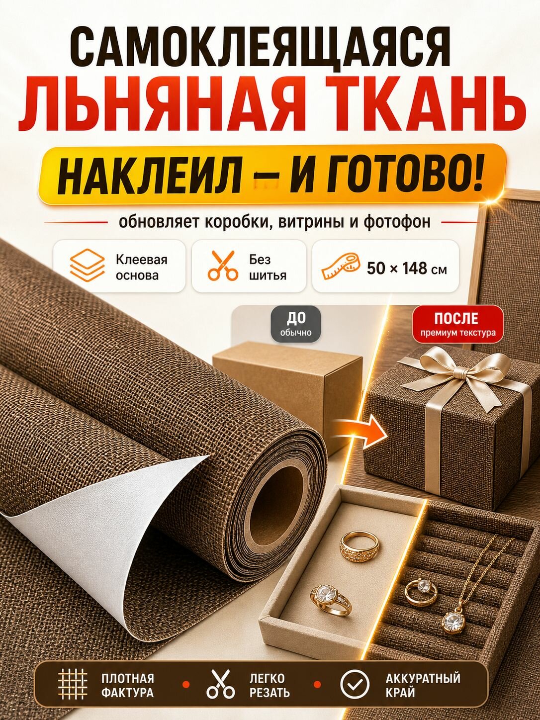 Самоклеящаяся льняная ткань 50x148 см для рукоделия, декора, мебели и упаковки подарков
