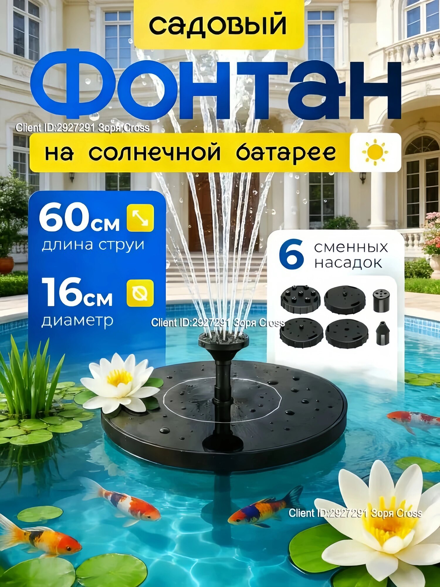 Солнечный садовый фонтан с насадками, для пруда и бассейна Фонтан садовый,0.15м3/час (Ширина: 160 см; Высота: 160 см)