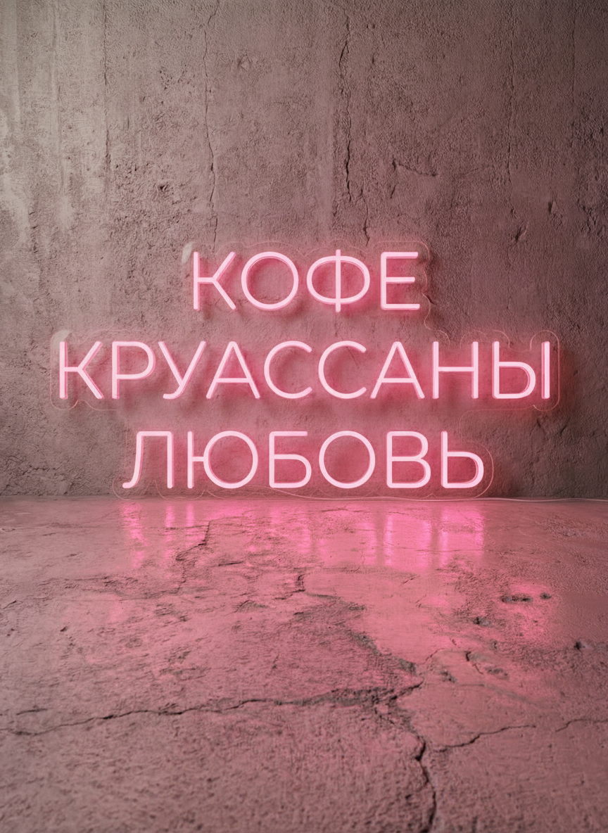 Неоновая вывеска "кофе круассаны любовь" 95х50 см, неоновая надпись, LED светильник для кофейни и пекарни