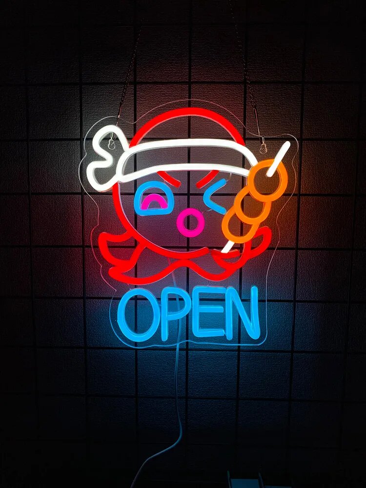 Неоновая вывеска OPEN: дизайн в форме осьминога такояки, питание от USB, светодиодный материал. Идеально подходит для японских уличных ларьков с едой, суши-баров в стиле аниме, кафе, кухонь и пабов.
