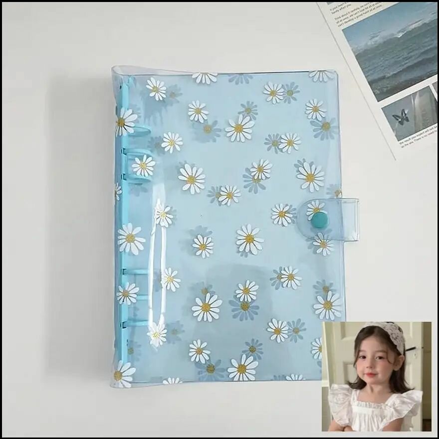 Прозрачная папка на кольцах А5 "Ромашки" из ПВХ, пустая (6 отверстий)