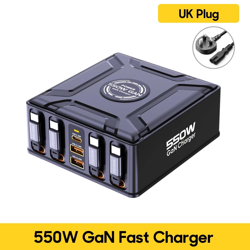 Станция зарядки 550W 7-в-1 с подвижным USB C кабелем мощностью 100W GaN быстрый зарядное устройство для MacBook Pro iPhone 17 Samsung ноутбука планшета