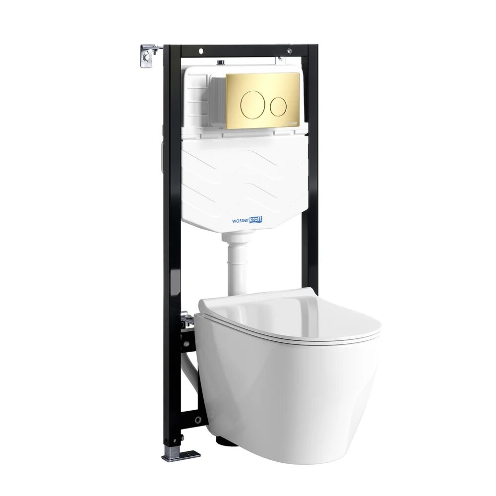 Комплект Унитаз подвесной WasserKRAFT Mindel H002 безободковый / Крышка для унитаза E034 / Система инсталляции для унитазов Aller 10TLT.010. ME, Кнопка смыва PG02