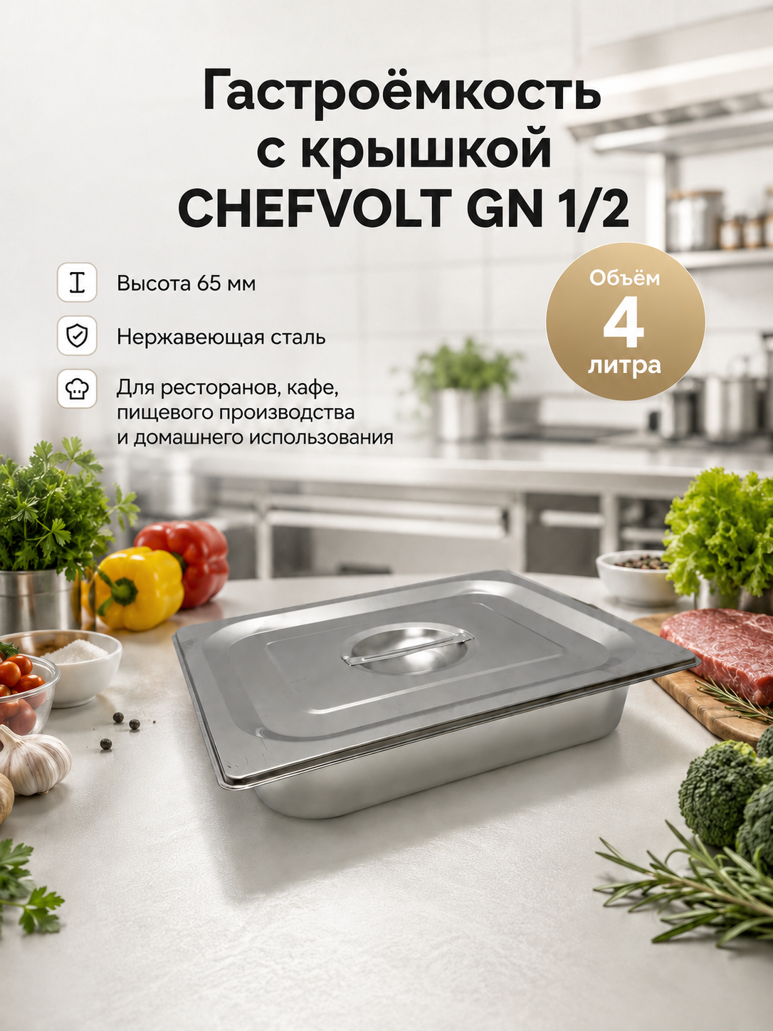 Гастроемкость GN 1/2-65 мм с крышкой, нерж. сталь CHEFVOLT