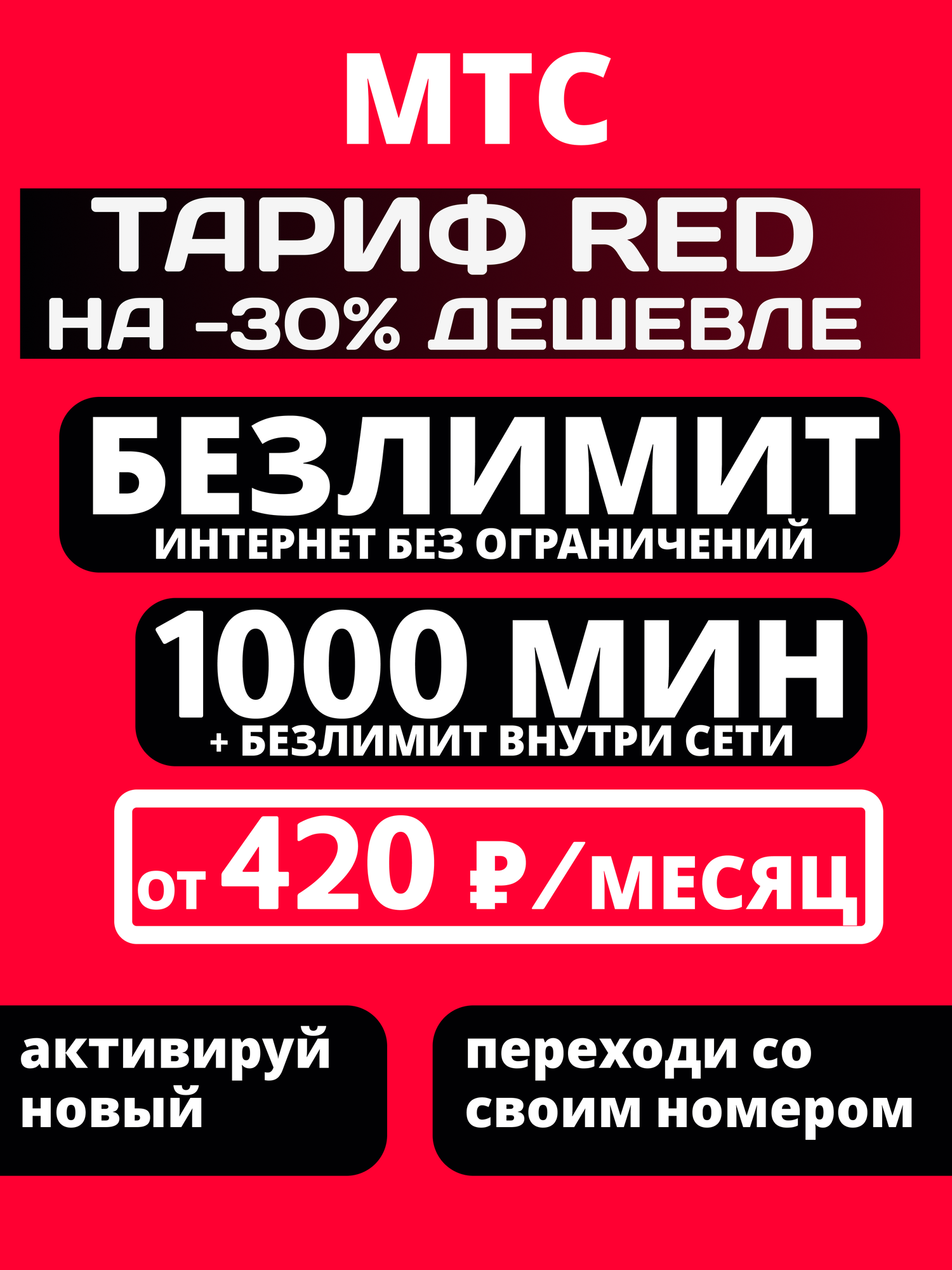 SIM-карта "МТС РЕД", безлимитный интернет, по всей России, сим карта