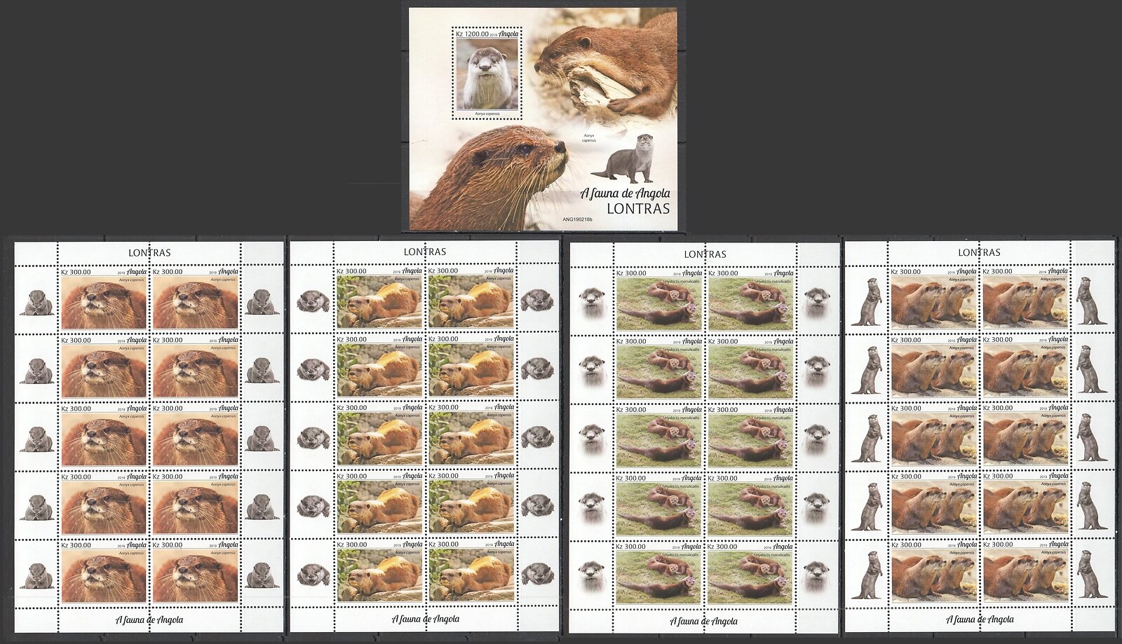 Марки 2019 год Ангола Выдры Дикие животные Фауна #2265-2268 ! 4 Листа+Bl218 Mnh