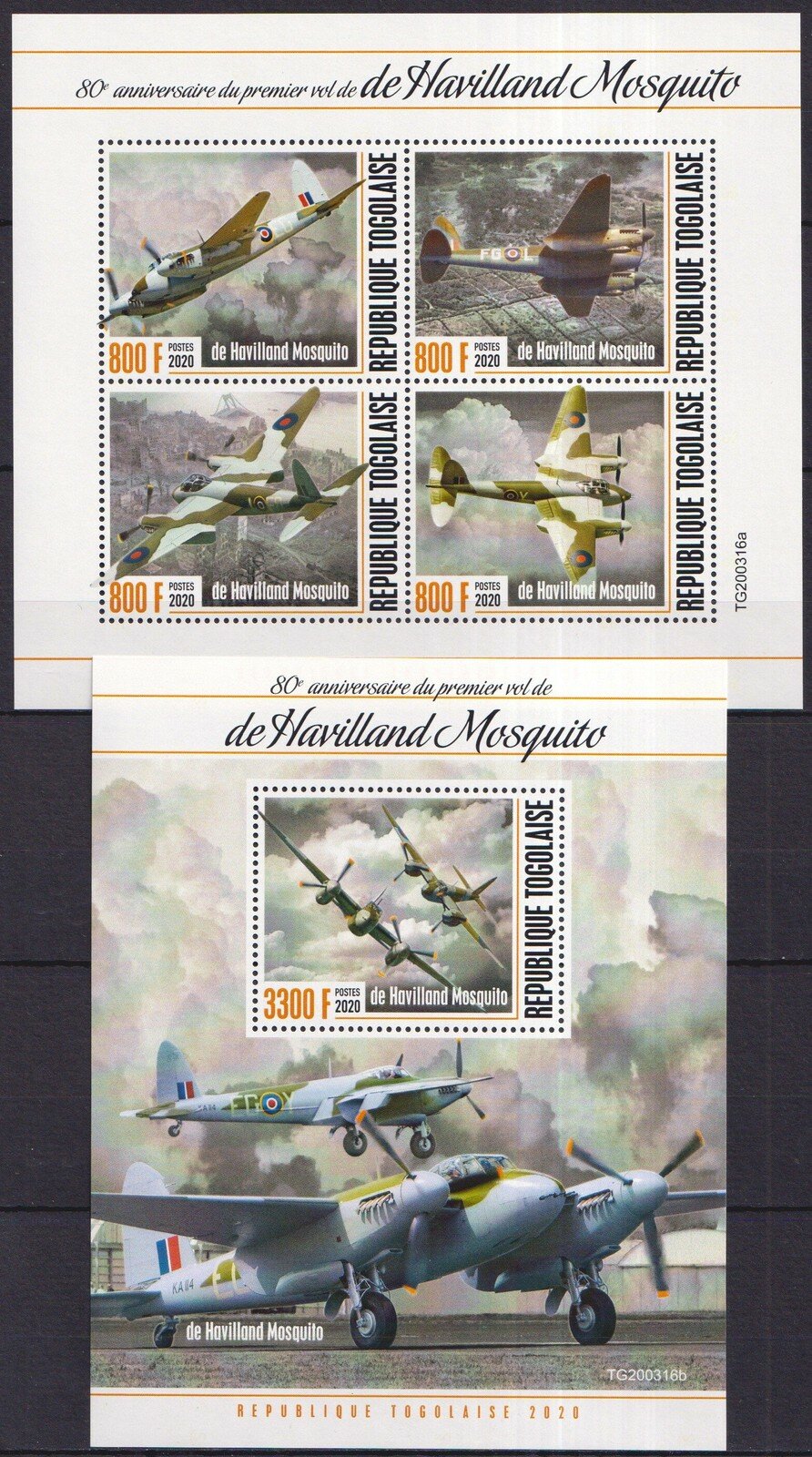 Марки 2020 год Того De Havilland Mosquito Авиация Вторая мировая война #8381-8484+Bl1972 Mnh
