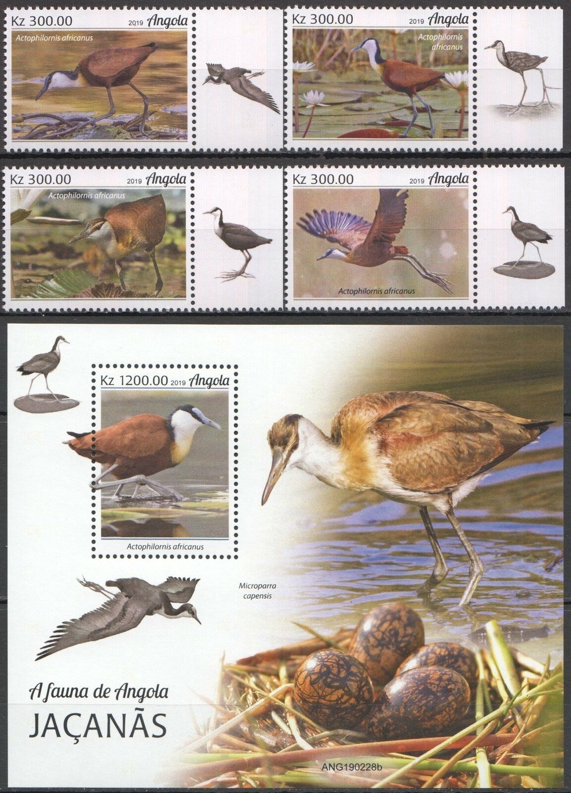 Марки 2019 год Ангола Птицы Яканы Фауна #2230-2233+Bl211 Mnh