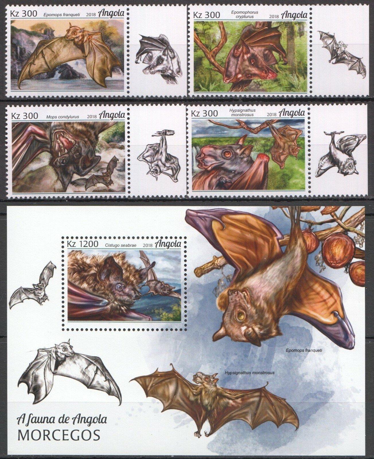 Марки 2018 год Ангола Летучие мыши Дикие животные Фауна #2021-2024+Bl170 Mnh