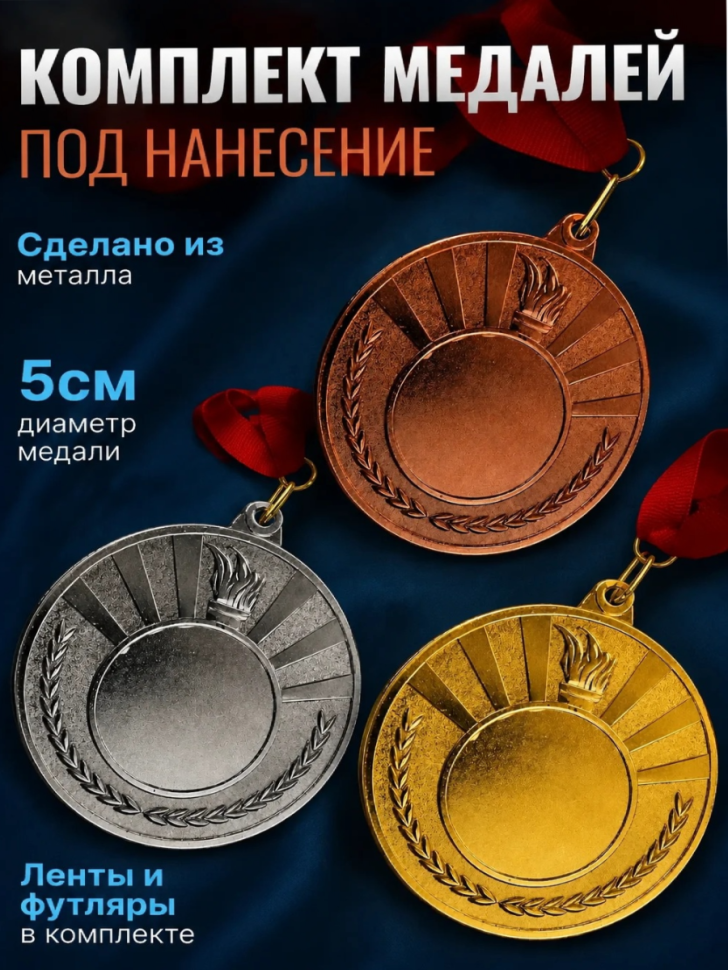 Комплект медалей под нанесение с лентами и футлярами (диаметр 5 см)