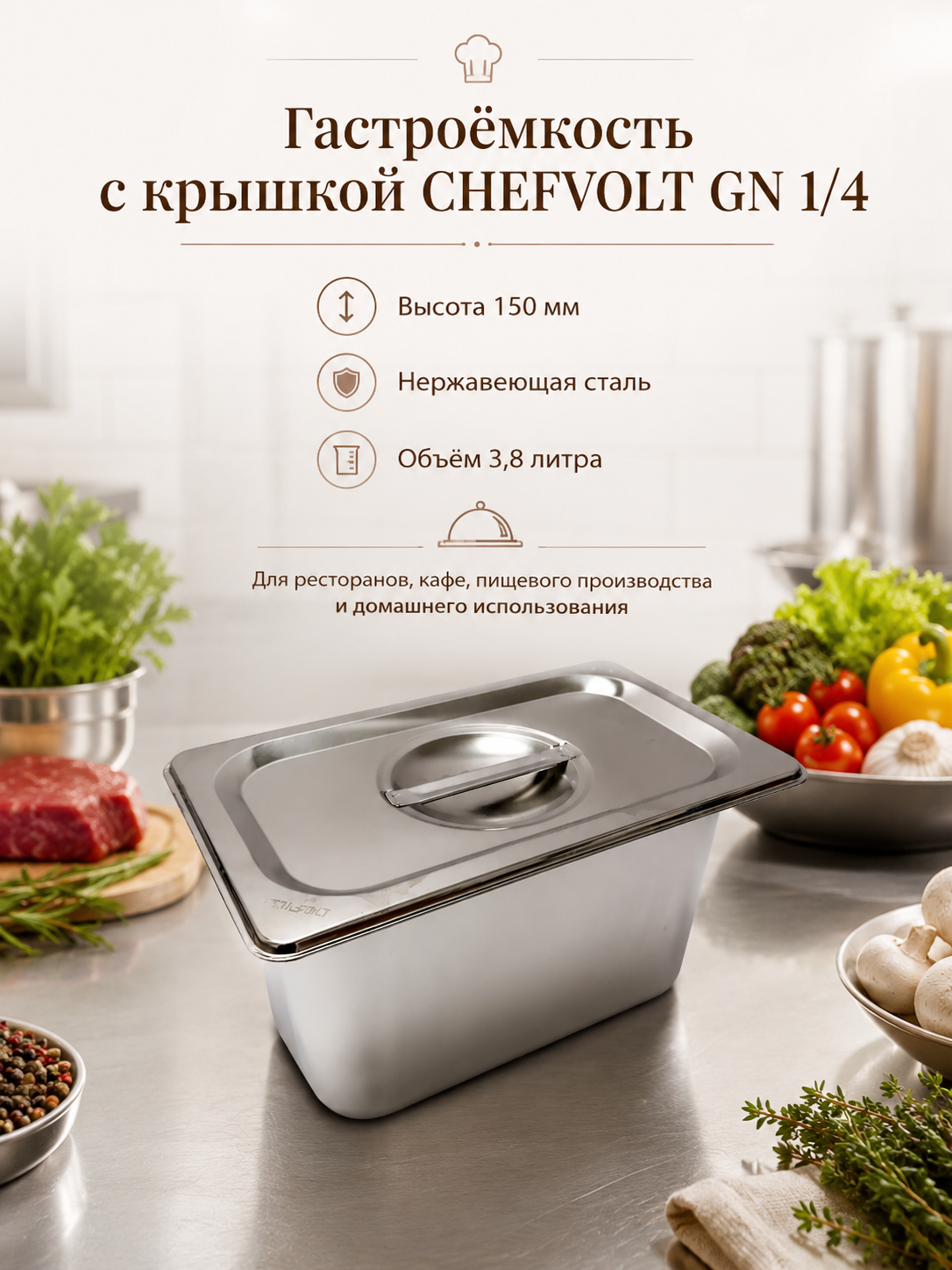 Гастроемкость GN 1/4-150 мм с крышкой, нерж. сталь CHEFVOLT