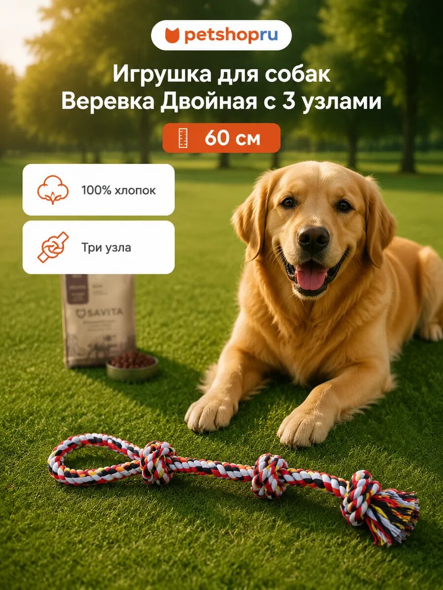 Papillion Игрушка для собак Веревка Двойная с 3 узлами, хлопок, 60см