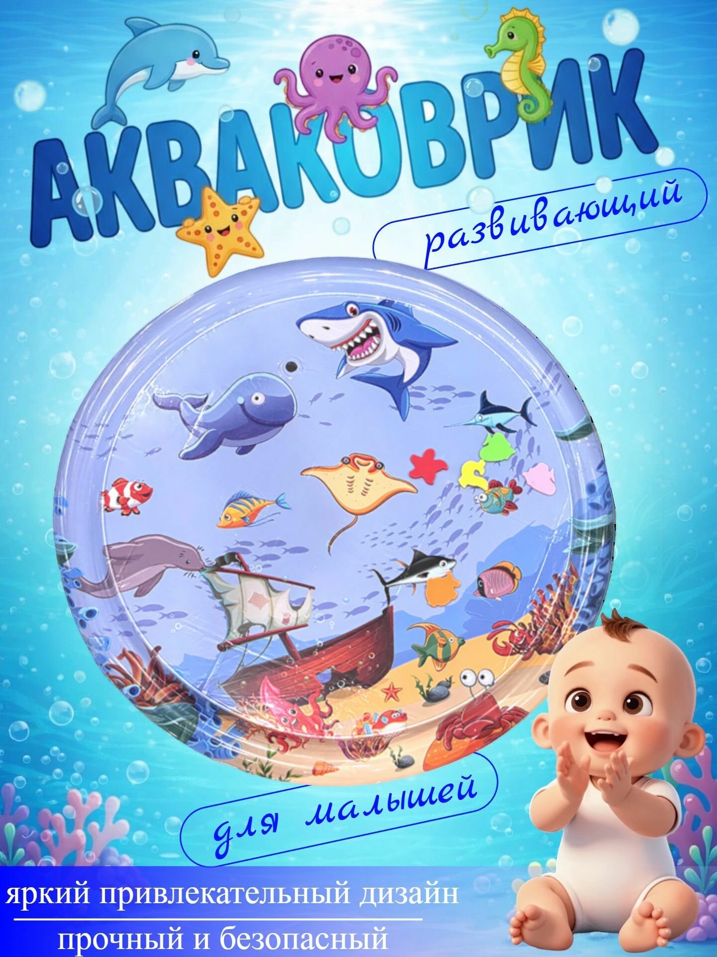 Детский Акваковрик "Малыш акулёнок", развивающий водный коврик для малышей, надувной синий