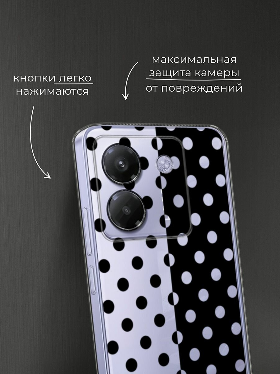 Чехол на Poco M7 Pro / Поко М7 Про с принтом Черный и белый горошек, прозрачный — фото 1