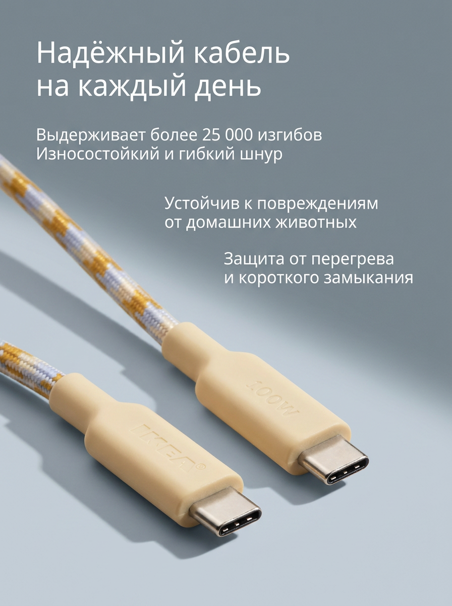 Кабель для зарядки икеа RUNDHULT, USB Type-C, 1,5м, 100Вт, бежево-голубая расцветка — фото 1