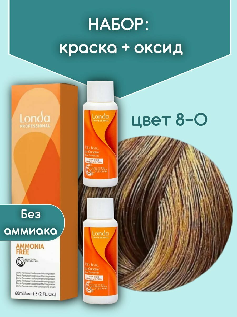 Набор: Оксид 1,9% (2 шт) + Крем-краска Londa Professional деми-перманентная Ammonia-free, 8/0 Светлый блонд, 60 мл