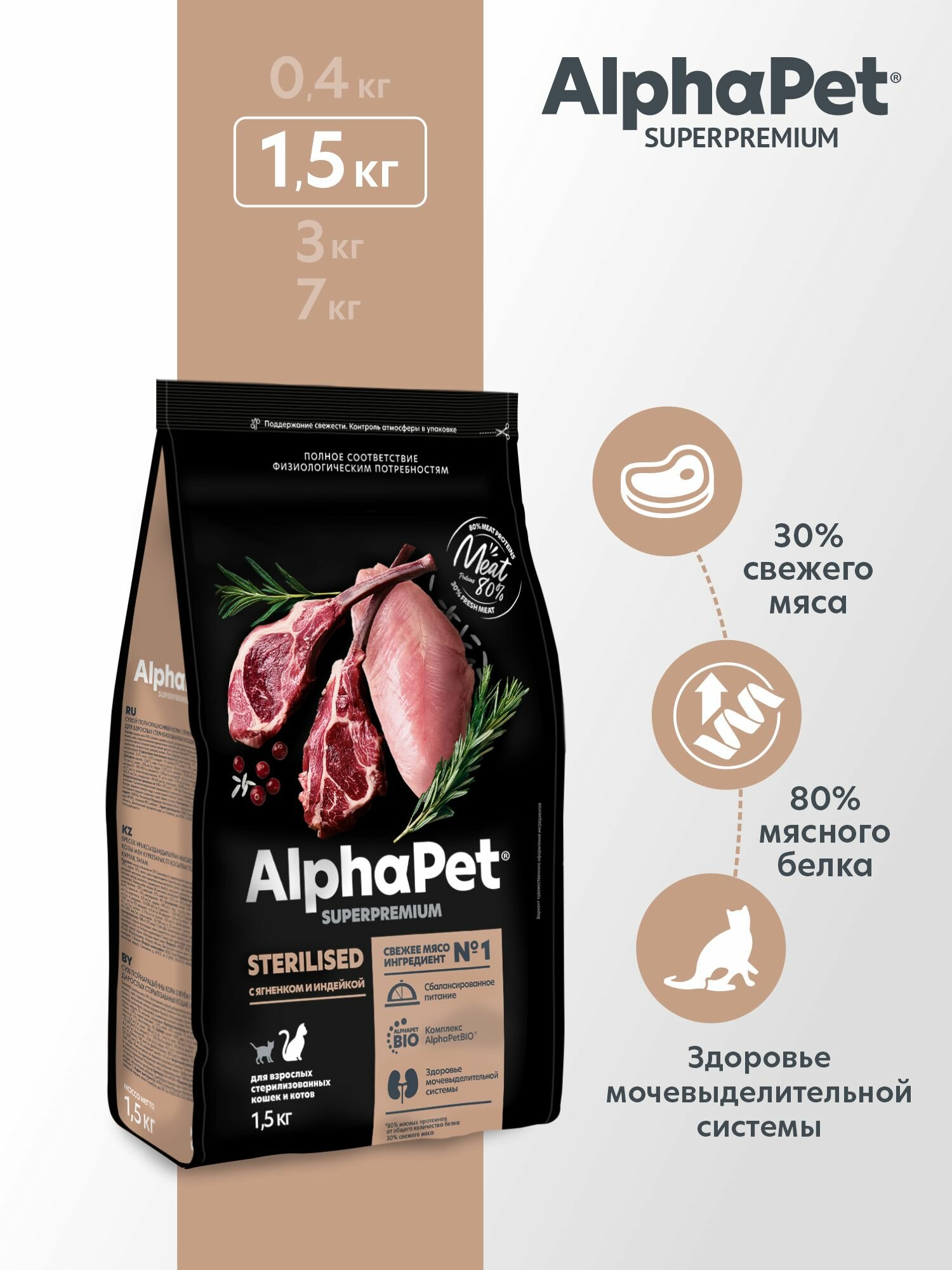 Сухой корм для стерилизованных кошек AlphaPet Superpremium с ягненком и индейкой, 1,5 кг корм сухой для кошек стерилизованных ягненок индейка 1,5 килограмма
