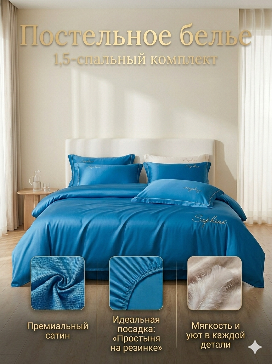 Постельное белье 1.5 спальное (полуторка) MUR MUR TEKS сатин, с вышивкой, простыня на резинке 90х200, на молнии