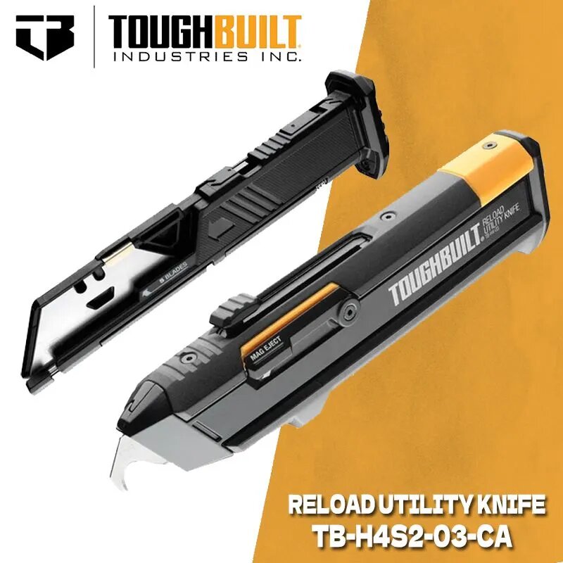 Нож строительный TOUGHBUILT TB-H4S2-03, быстрая смена лезвий, 2 магазина, 15 лезвий, прямой + крючкообразный