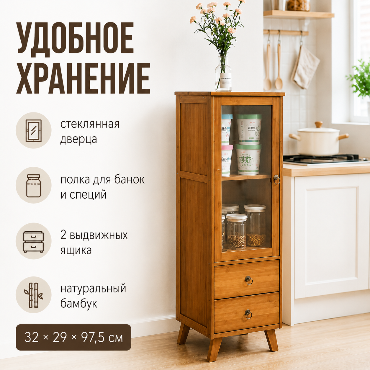 Одностворчатый кухонный стеллаж из натурального бамбука с выдвижными ящиками 32*29*97.5cm' — фото 1
