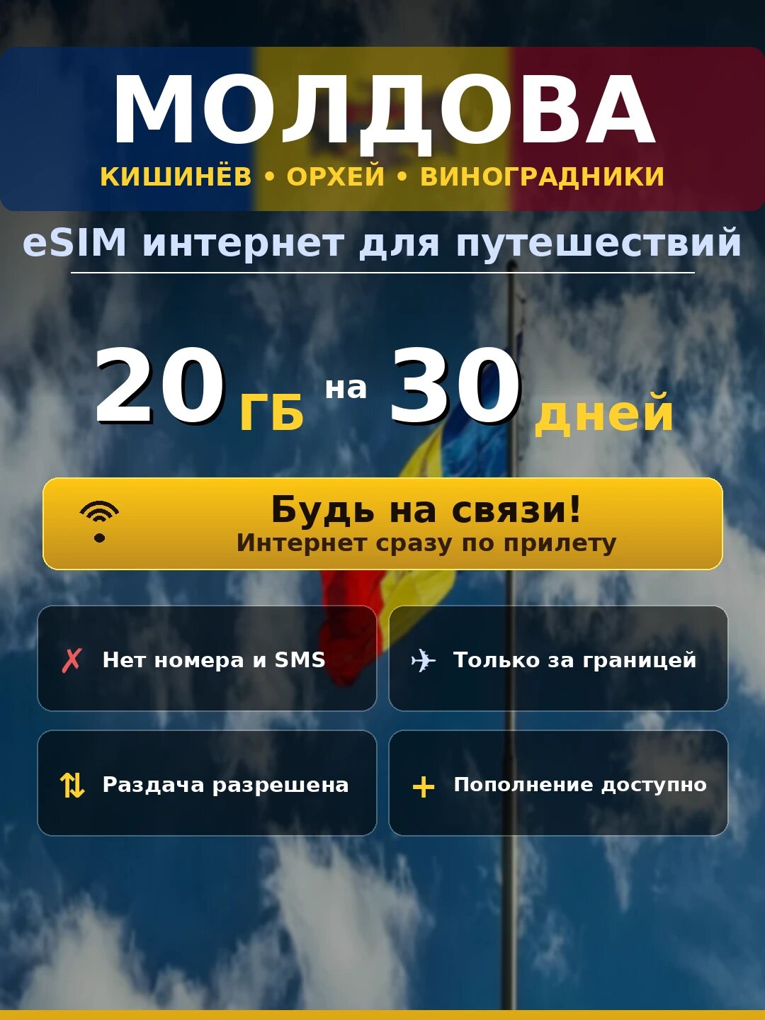 ESIM Молдова — мобильный интернет 20 ГБ на 30 дней | виртуальная SIM-карта для путешествий