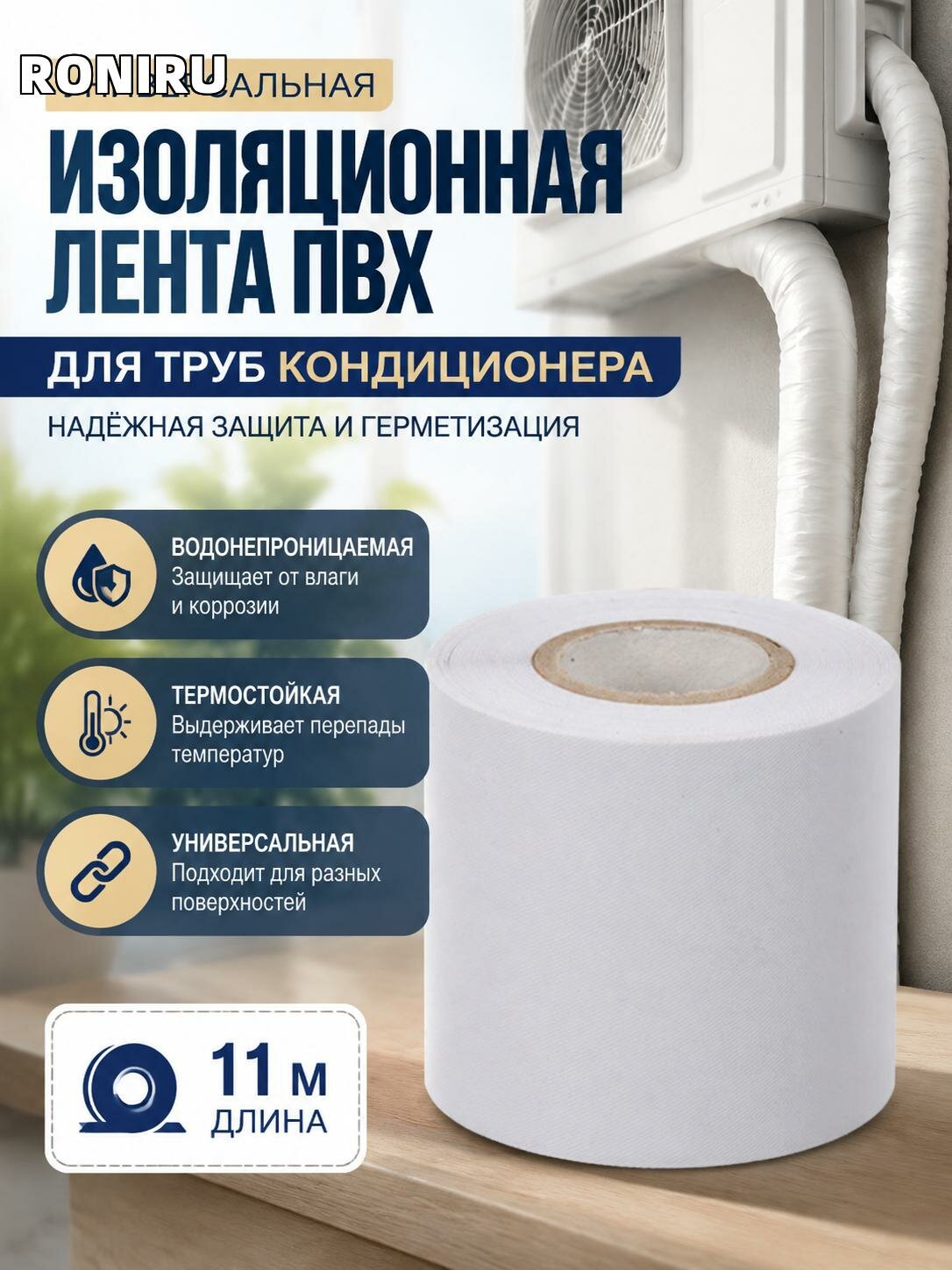 Изоляционная лента ПВХ 11 м для труб кондиционера белая, водонепроницаемая термостойкая универсальный уплотнитель