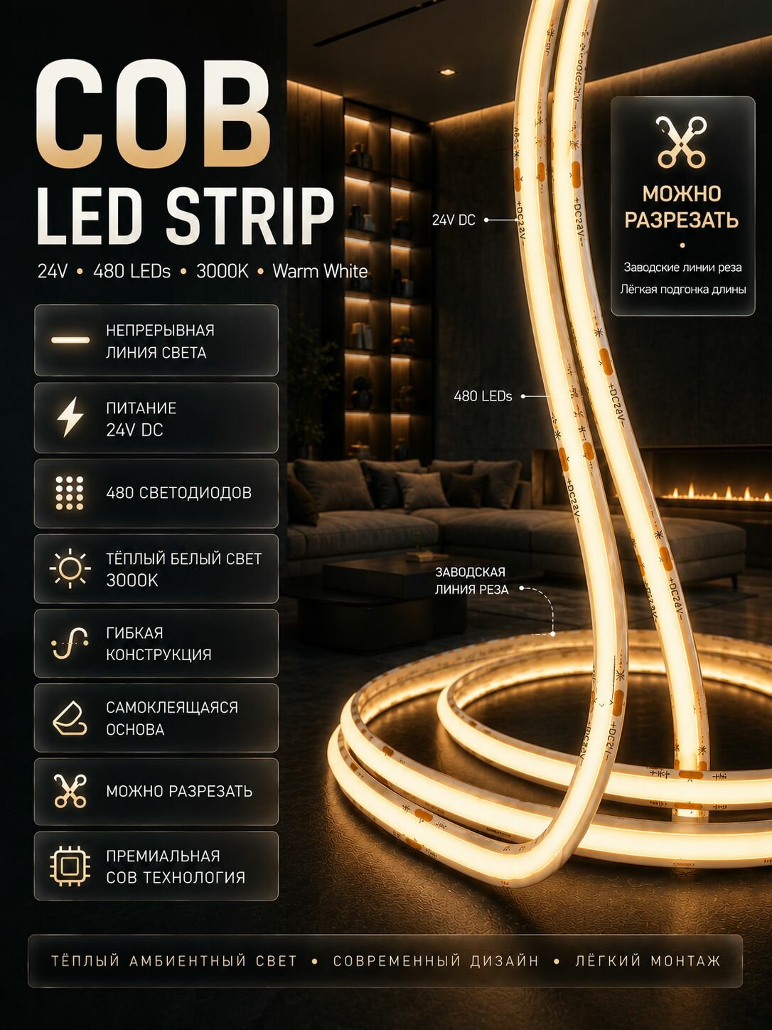 Светодиодная лента COB 24V 480 LED/м 8мм IP20 3000K тёплый белый 10м