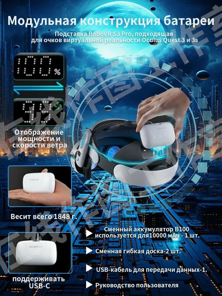 BoboVR S3 Pro крепление Oculus Quest 3 и 3S аксессуары с аккумулятором 10000 mAh и вентиляцией
