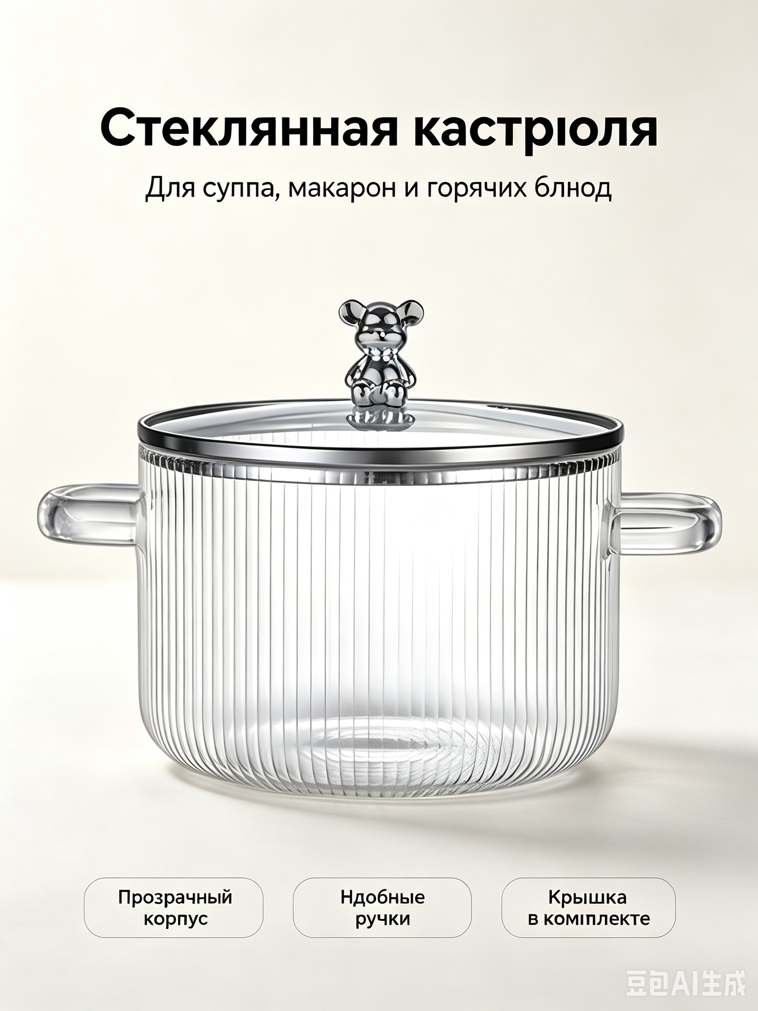 Прозрачная кастрюля для супа, материал - стекло, термостойкая конструкция, 1,6 л