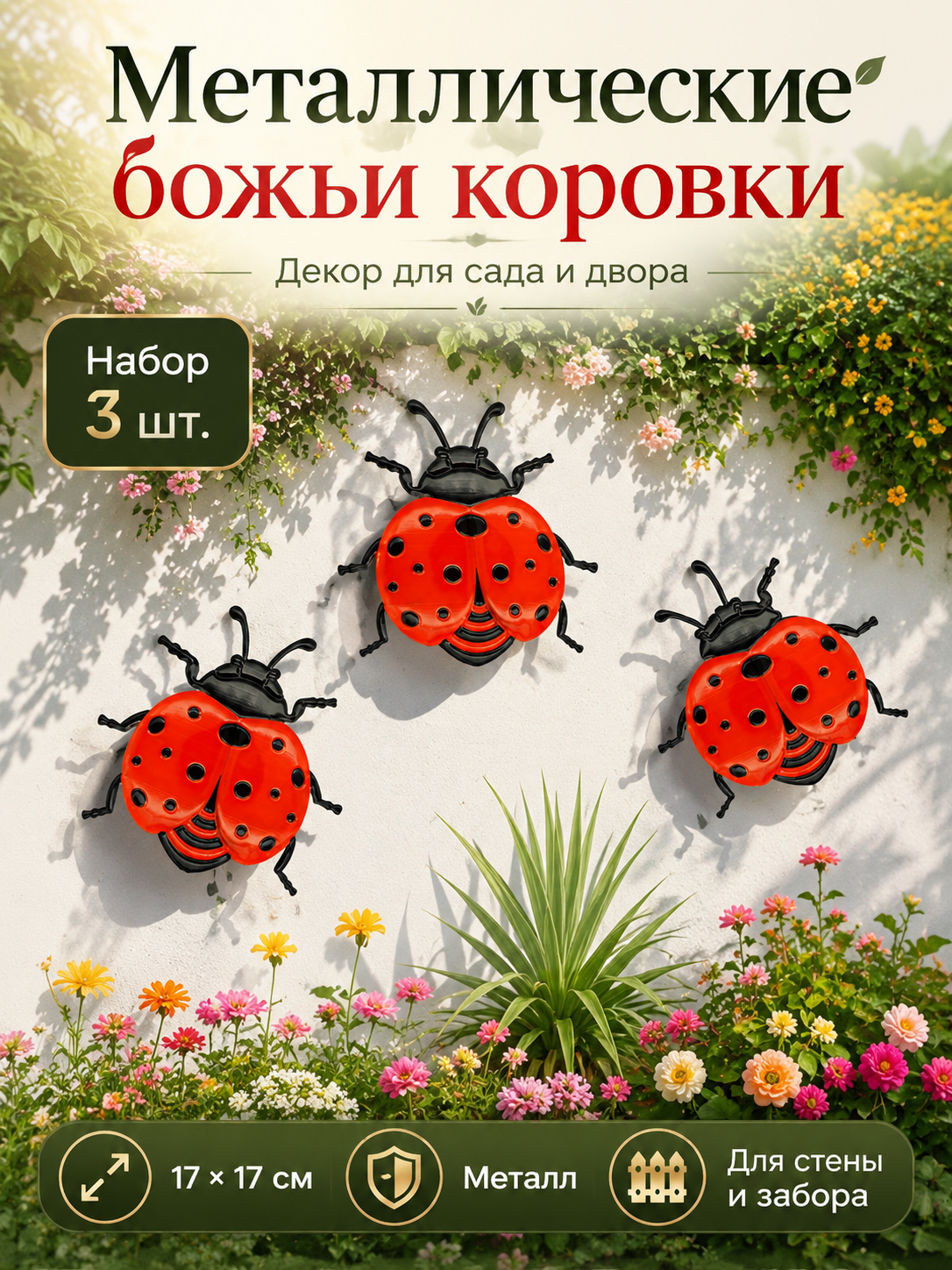 3шт. Металлический декор для стен в виде божьей коровки, Яркое украшение для сада и дачи, наружные декоративные элементы