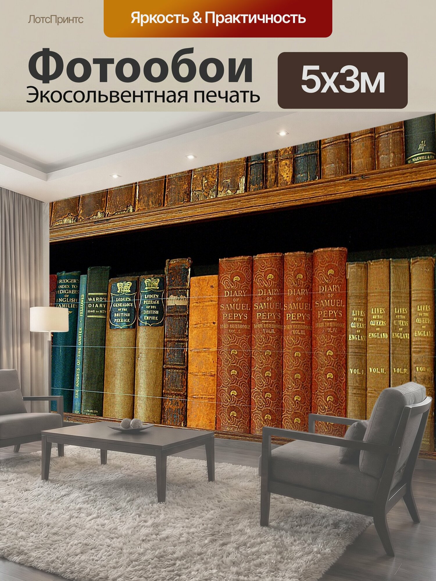 Фотообои "Книги, библиотека, полка" 500x300 см. экосольвентная печать