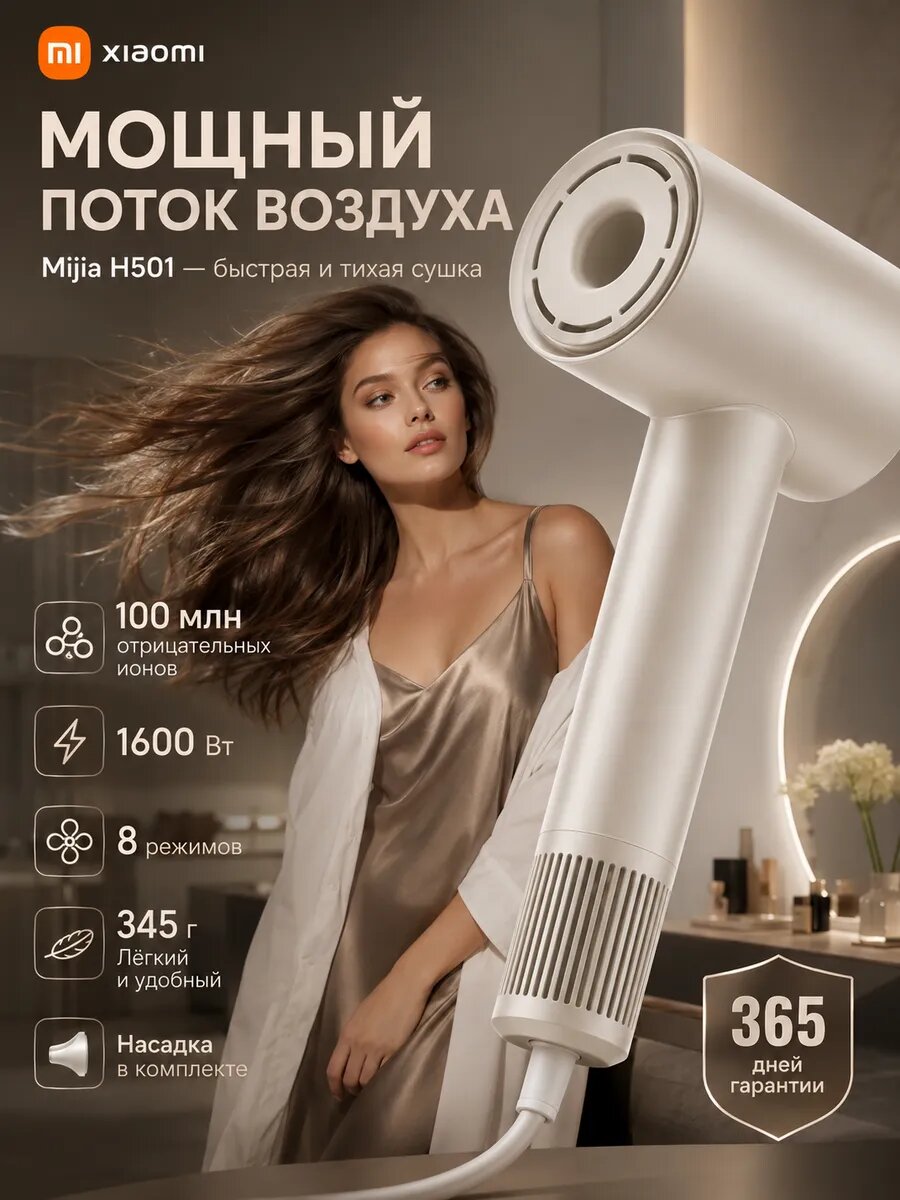 Высокоскоростной фен Mijia H501 для быстрой сушки и укладки волос, теплый горный белый