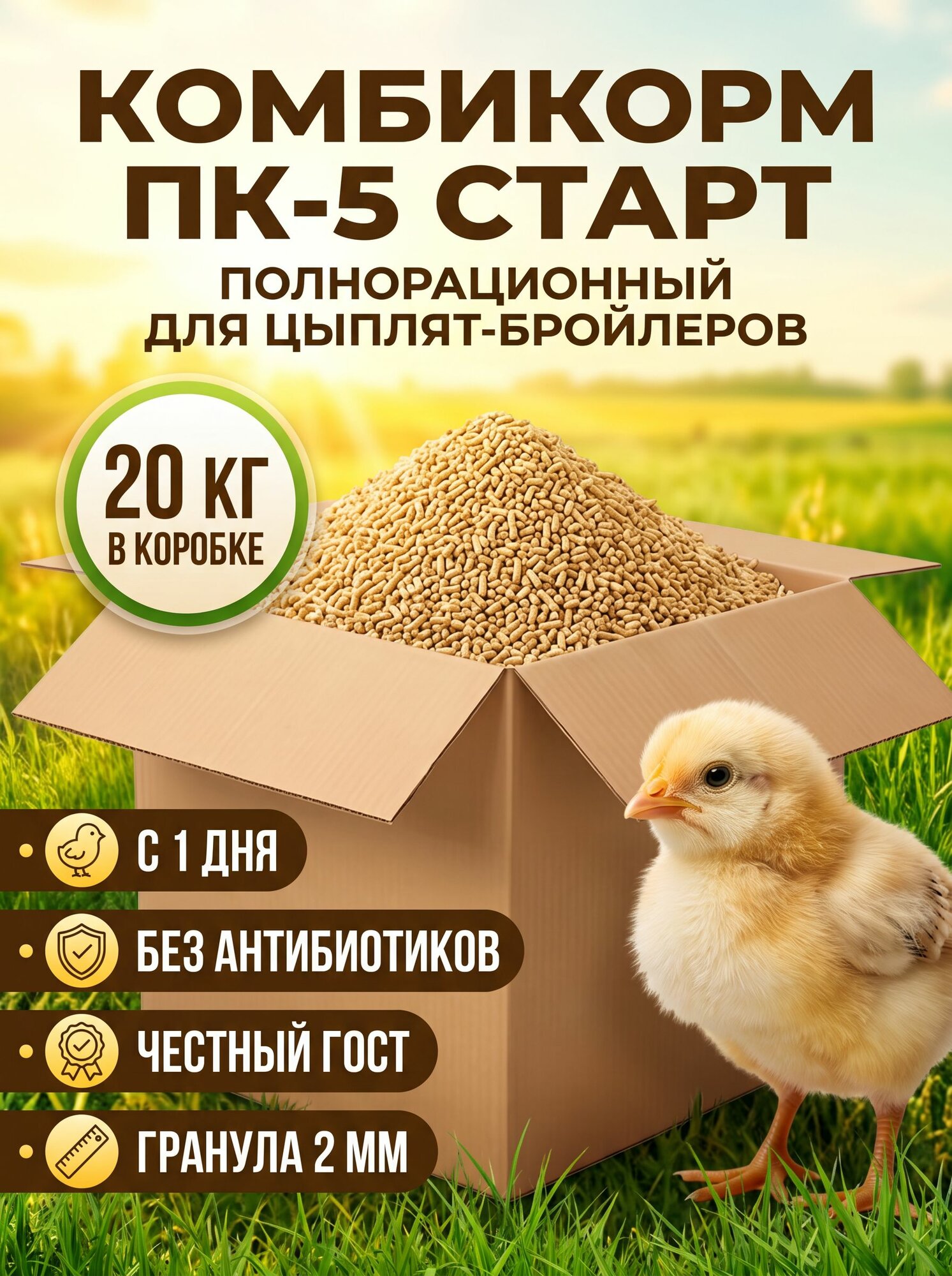 Комбикорм для цыплят бройлеров старт 0 дней ПК-5, 20 кг в коробке "Честный ГОСТ", без антибиотиков, полнорационный стартовый ПК-5 без антибиотиков полнорационный