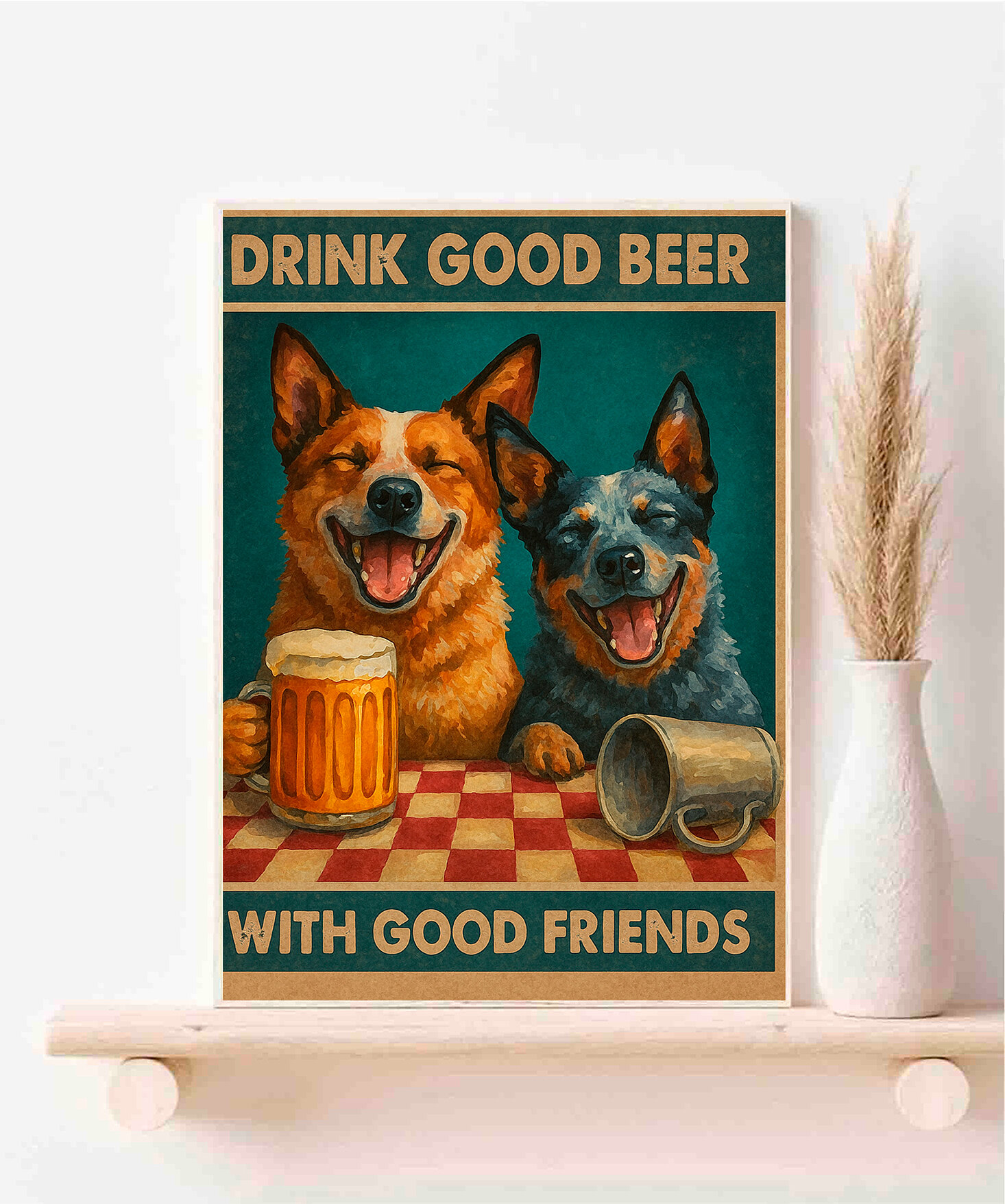 Австралийская пастушья собака, Drink Good Beer, Плакат Акварель А3 ( 30х42 см. )