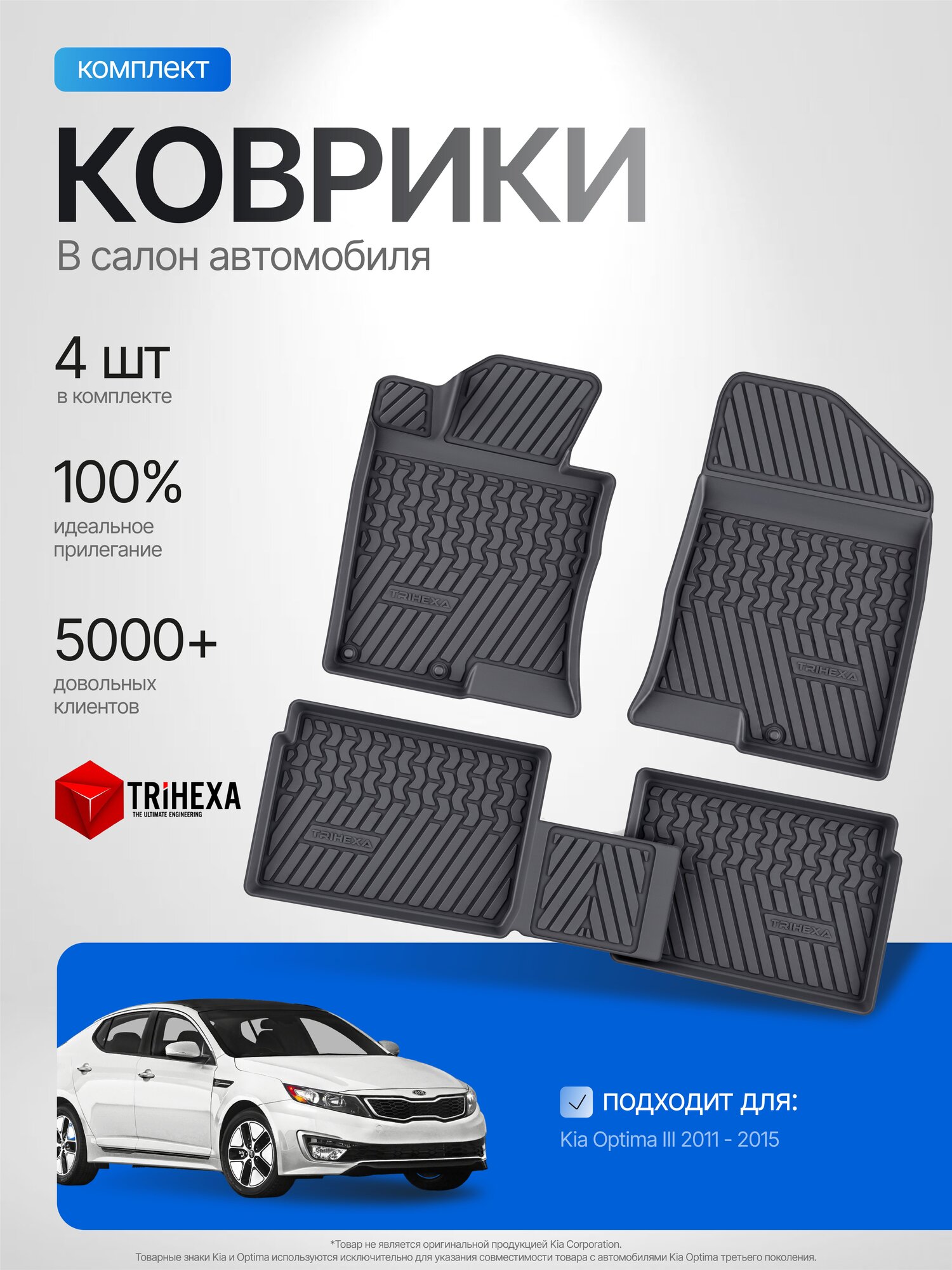 Коврики в салон для Kia Optima 3 в кузове TF, 2010-2015. компл. 4 шт. 3D резиновые