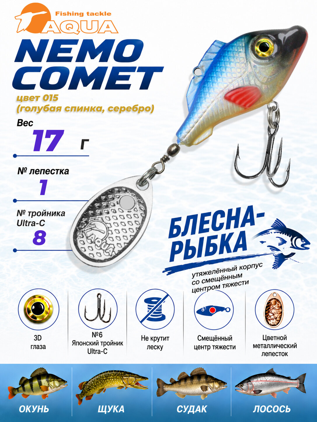 Блесна вертушка для рыбалки AQUA Немо Comet 17g лепесток №1, цвет 015