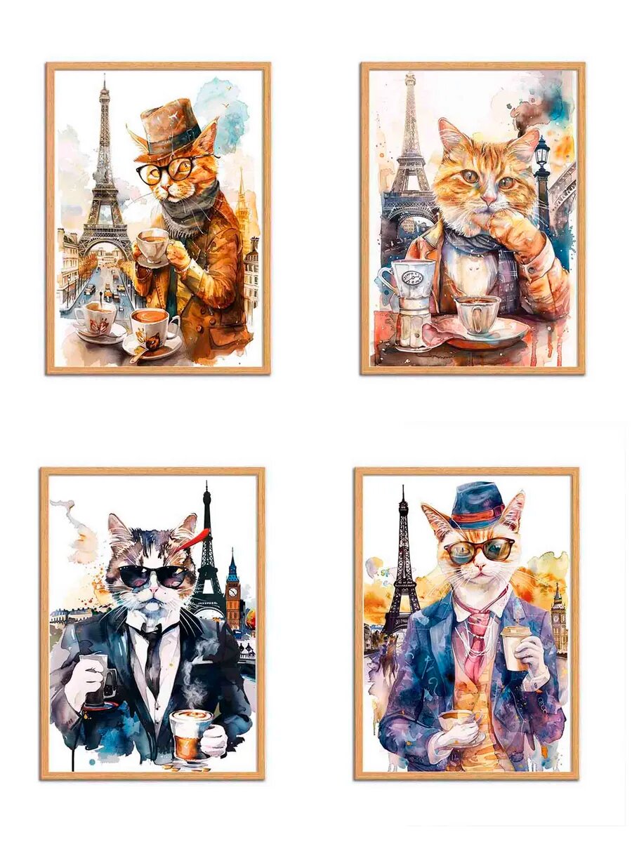 Турецкий Ванский кот Гангстер пьёт кофе, 4 Плаката, 30x21с