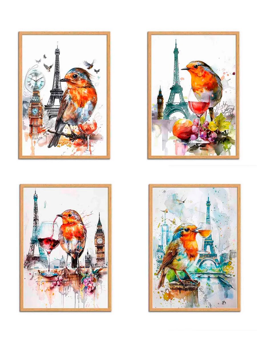 Птица малиновка Пьет Вино, 4 Плаката, 30x21см