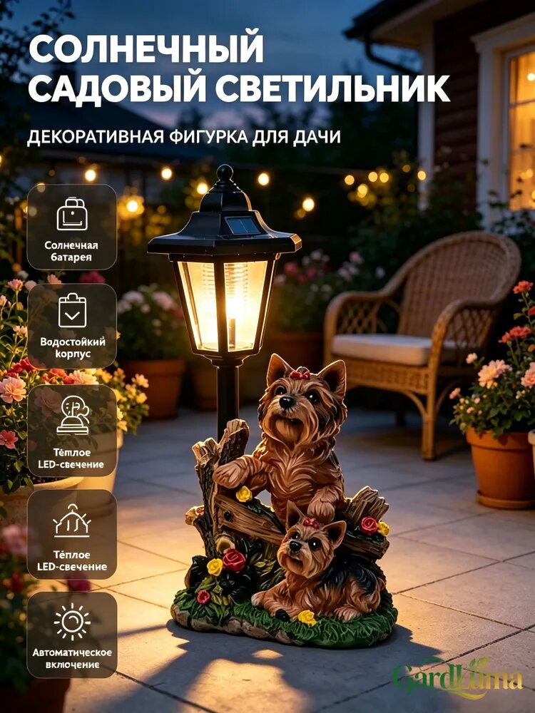 GardLuma Фигурка садовая, 2 йоркширских терьера, Смола, Солнечная, LED, 15x15x34 см
