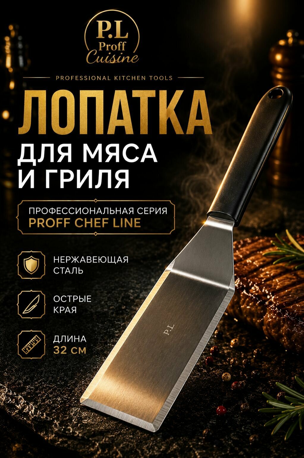 Лопатка для гриля и барбекю 15,5 7,5 см из нержавеющей стали, 32 см, с пластиковой ручкой, P.L. Proff Cuisine