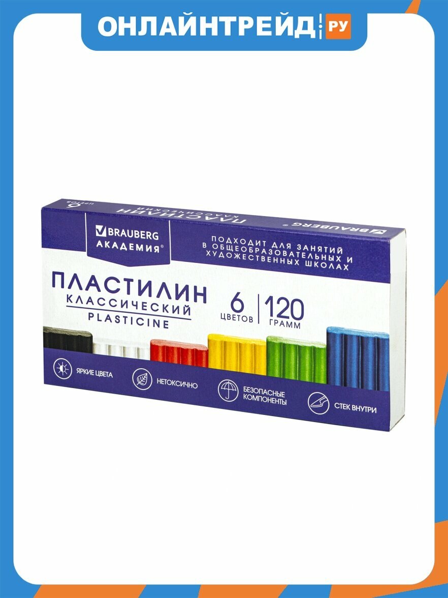 Пластилин Brauberg классический "академия классическая", 6 цветов, 120 г, стек, высшее качество, 106440