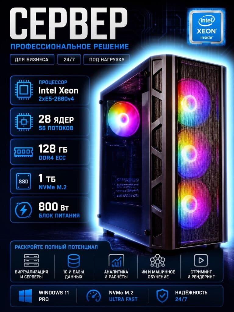 Сервер для 1С (Intel 28 ядер 56 потоков DDR4 128 Gb SSD M2 1Tb БП 800W) Windows 11